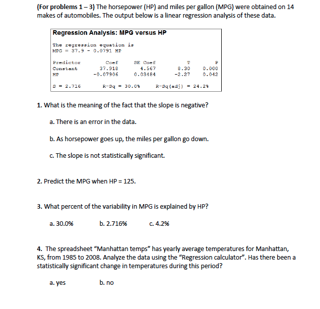 Solved The horsepower (HP) and miles per gallon (MPG) were | Chegg.com