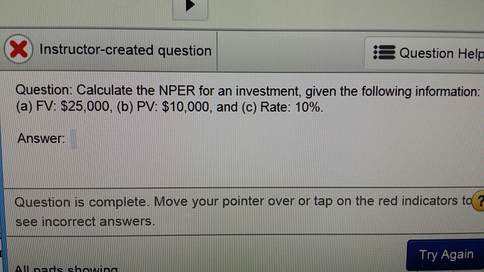 Solved Question: Calculate the NPER for an investment, given | Chegg.com