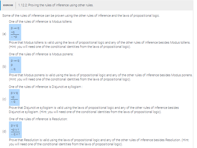 Solved EXERCIBE 1.122 Proving the rules of inference using | Chegg.com