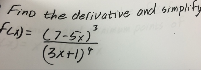 Solved Find the derivative and simplify f(x) =(7 - 5x)^3 | Chegg.com