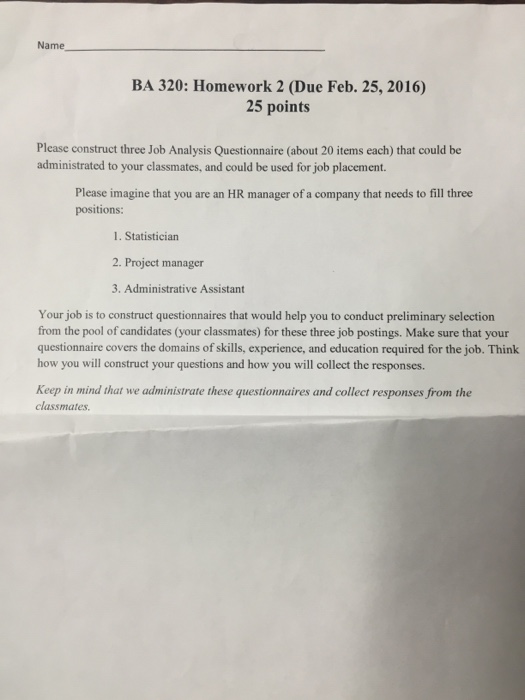 Solved Please construct three Job Analysis Questionnaire | Chegg.com