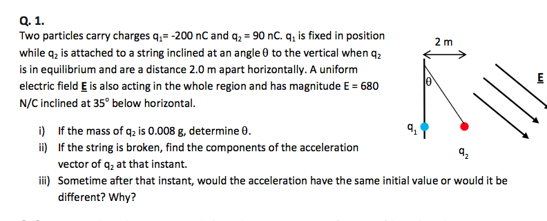 Two particles carry charges q1= -200 nC and q2 = 90 | Chegg.com