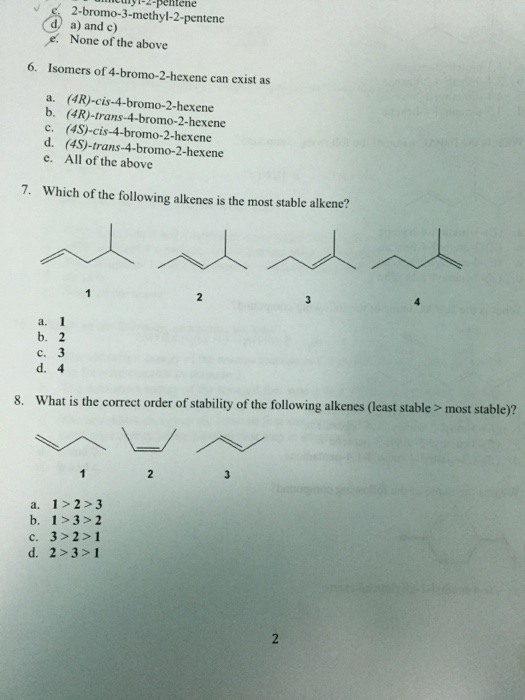 Solved -pentene 2-bromo-3-methyl-2-pentene d) a) and c) None | Chegg.com