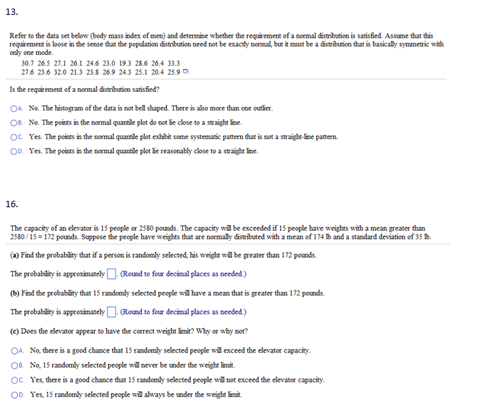 Solved 13 Refer to the data set below (body mass index of | Chegg.com
