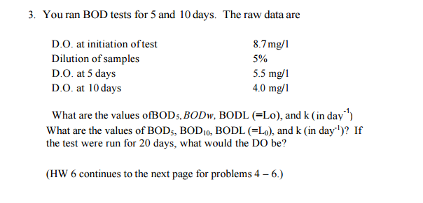 Solved You ran BOD tests for 5 and 10 days. The raw data are | Chegg.com