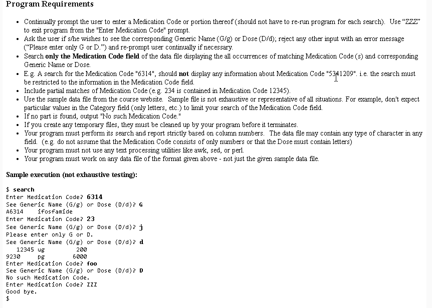 Solved Write a Unix /bin/bash program to search a medication | Chegg.com
