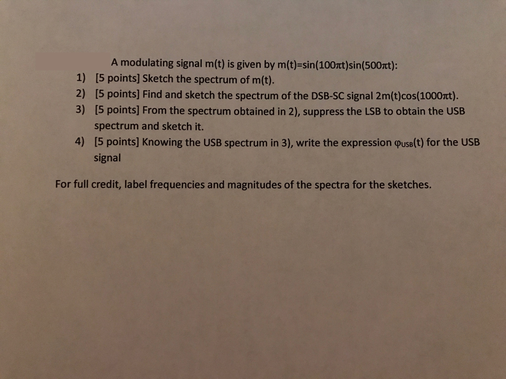 Solved A modulating signal m(t) is given by m(t) = sin(100 | Chegg.com