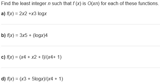 Solved Find the least integer n such that f{x) is 0(xn) for | Chegg.com