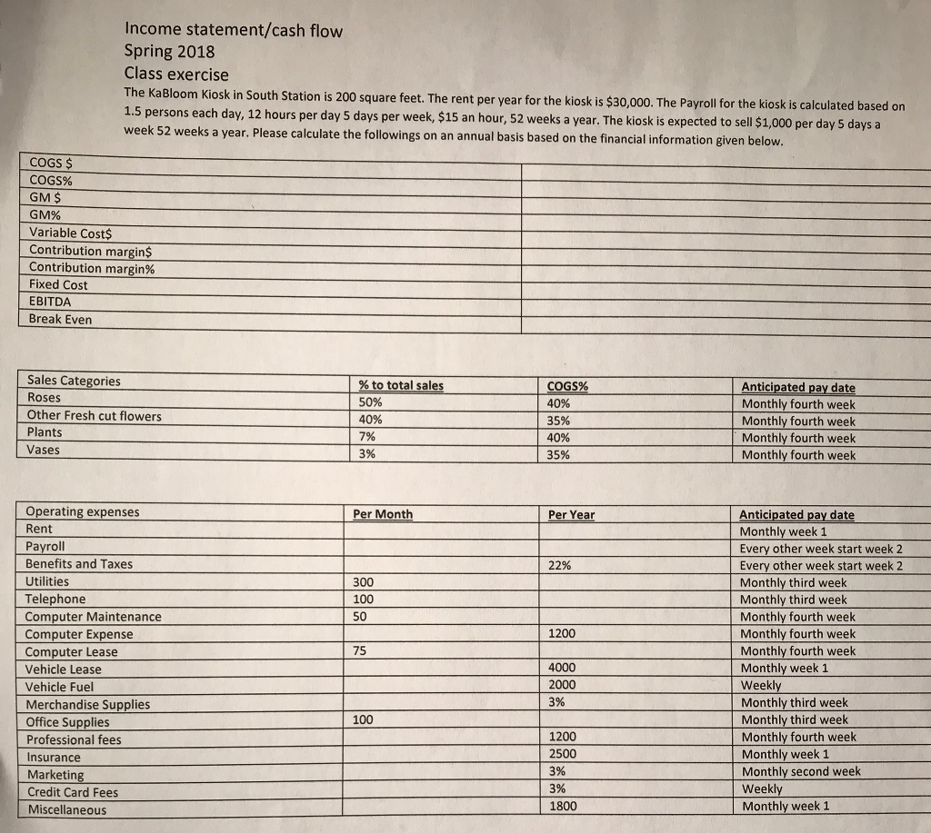 Solved Income statement/cash flow Spring 2018 Class exercise | Chegg.com