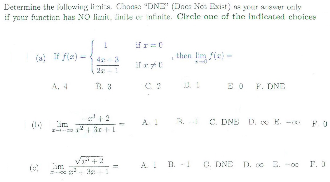 Solved Determine the following limits. Choose "DNE" (Does | Chegg.com