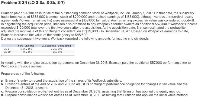 Problem 3-34 (LO 3-3a, 3-3b, 3-7) Branson paid | Chegg.com