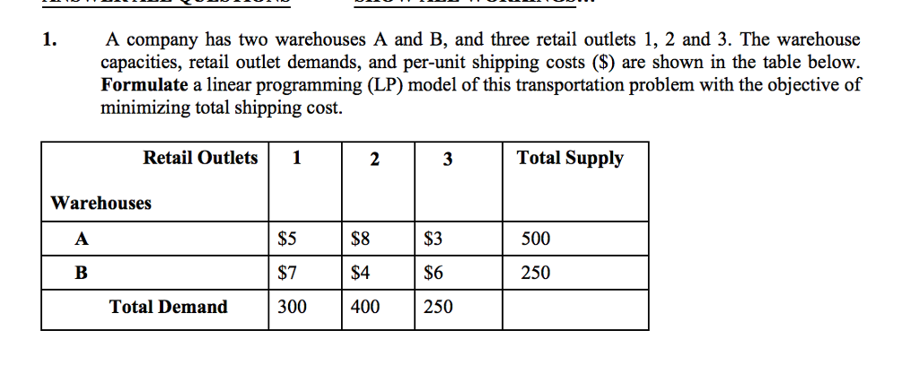 Solved 1. A company has two warehouses A and B, and three | Chegg.com