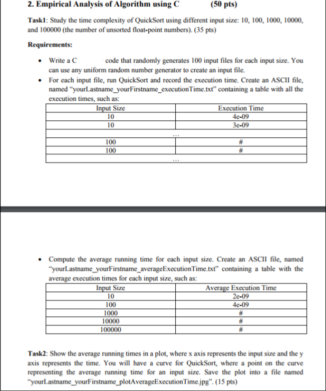 Solved 2. Empirical Analysis of Algorithm using C (50 pts) | Chegg.com