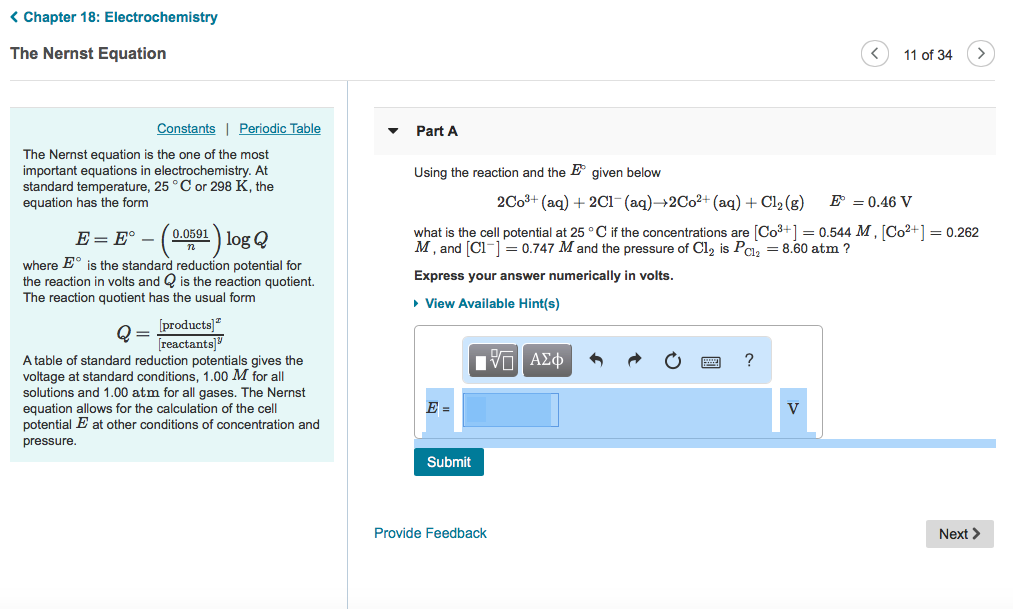 Solved Chapter 18: Electrochemistry The Nernst Equation 11 | Chegg.com