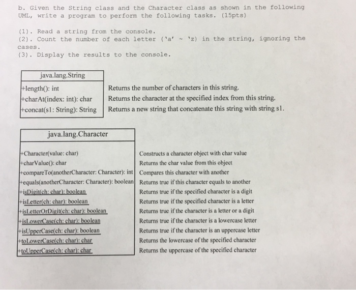 Solved b. Given the String class and the Character class as | Chegg.com