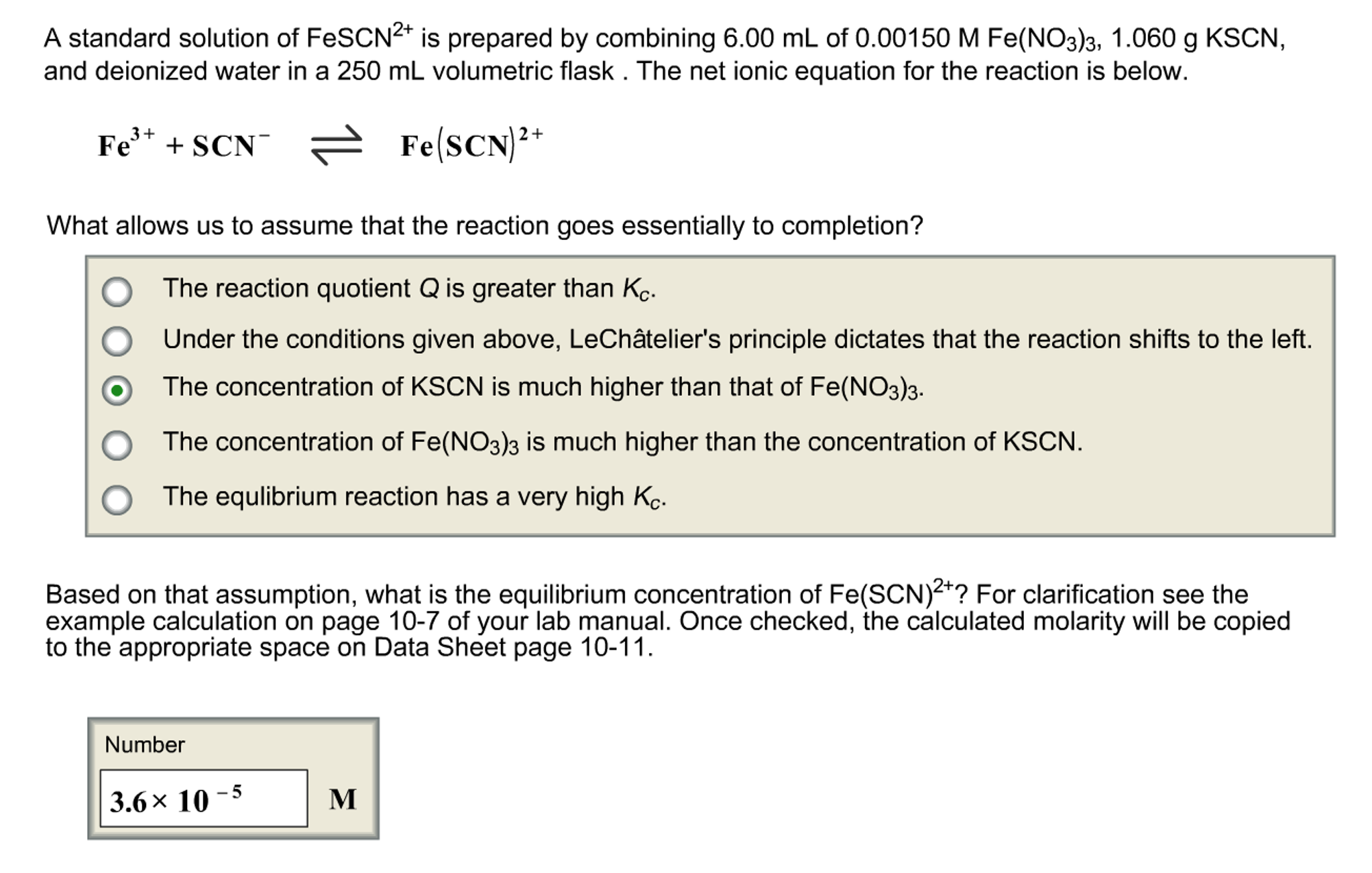 Solved A standard solution of FeSCN2+ is prepared by | Chegg.com