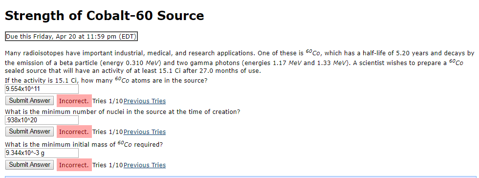 Solved Strength of Cobalt-60 Source Due this Friday, Apr 20 | Chegg.com