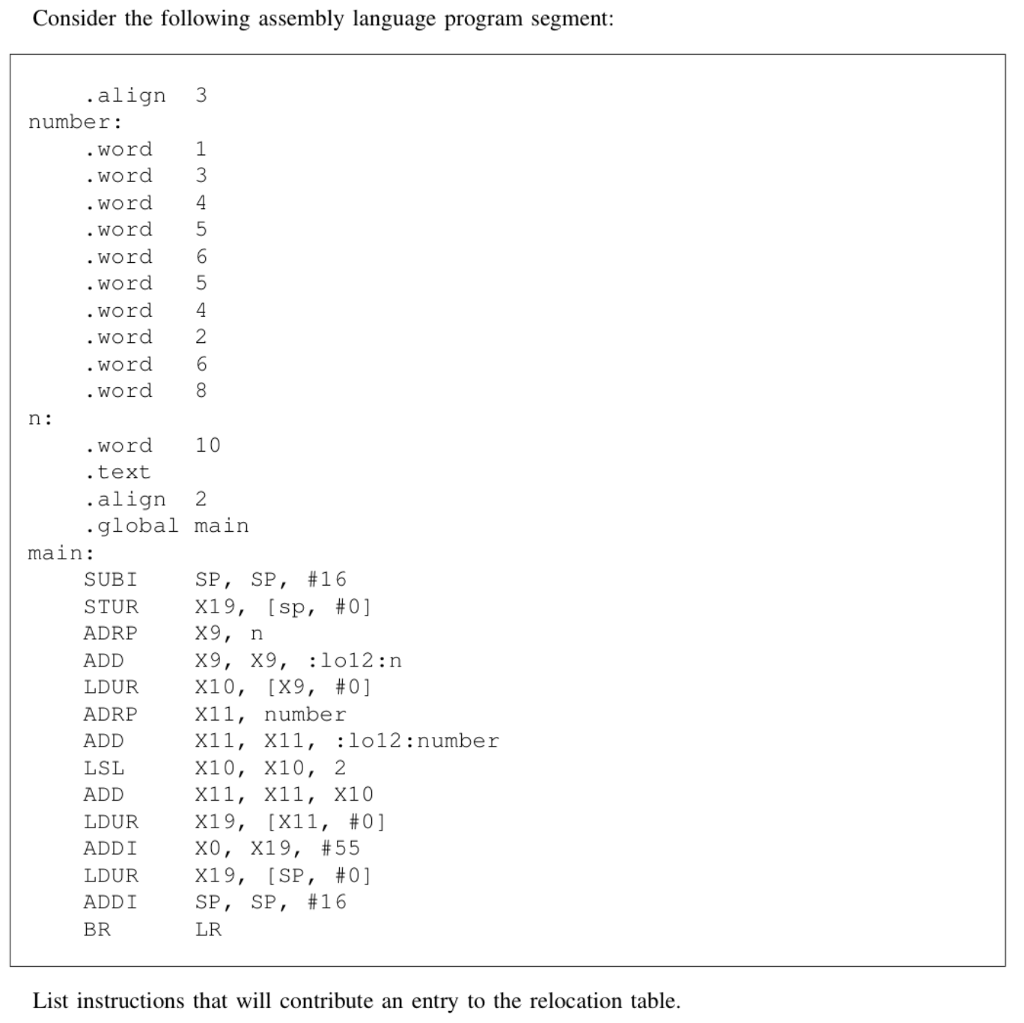 Consider the following assembly language program | Chegg.com