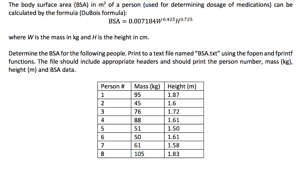 Solved The body surface area (BSA) in m2 of a person (used | Chegg.com