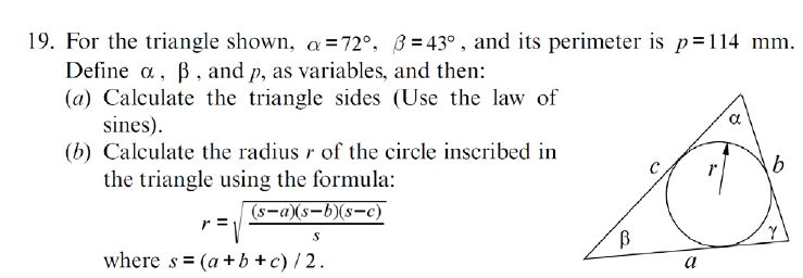 Solved For the triangle shown, alpha = 72 degree, beta = 43 | Chegg.com