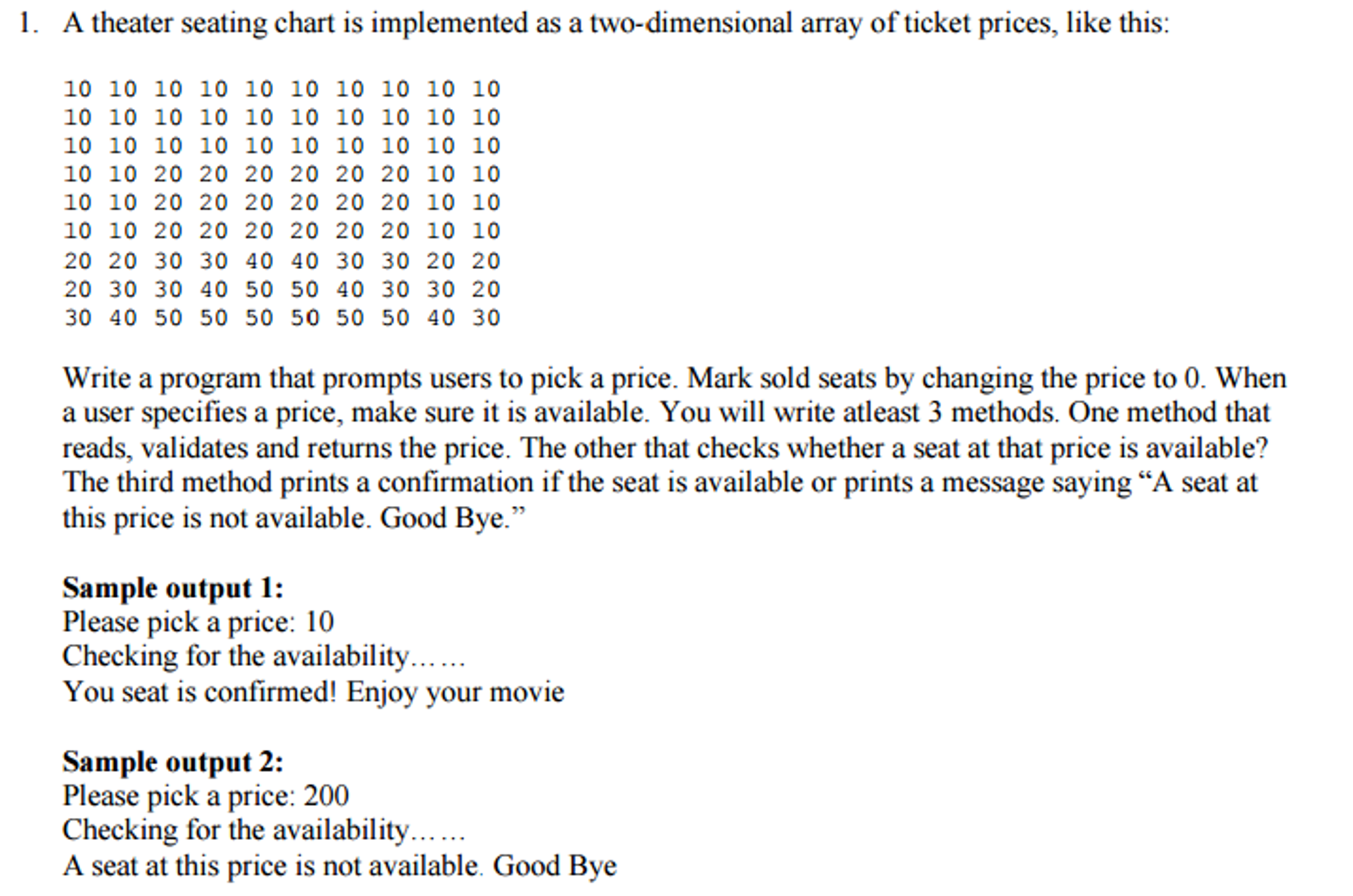 Solved A theater seating chart is implemented as a | Chegg.com