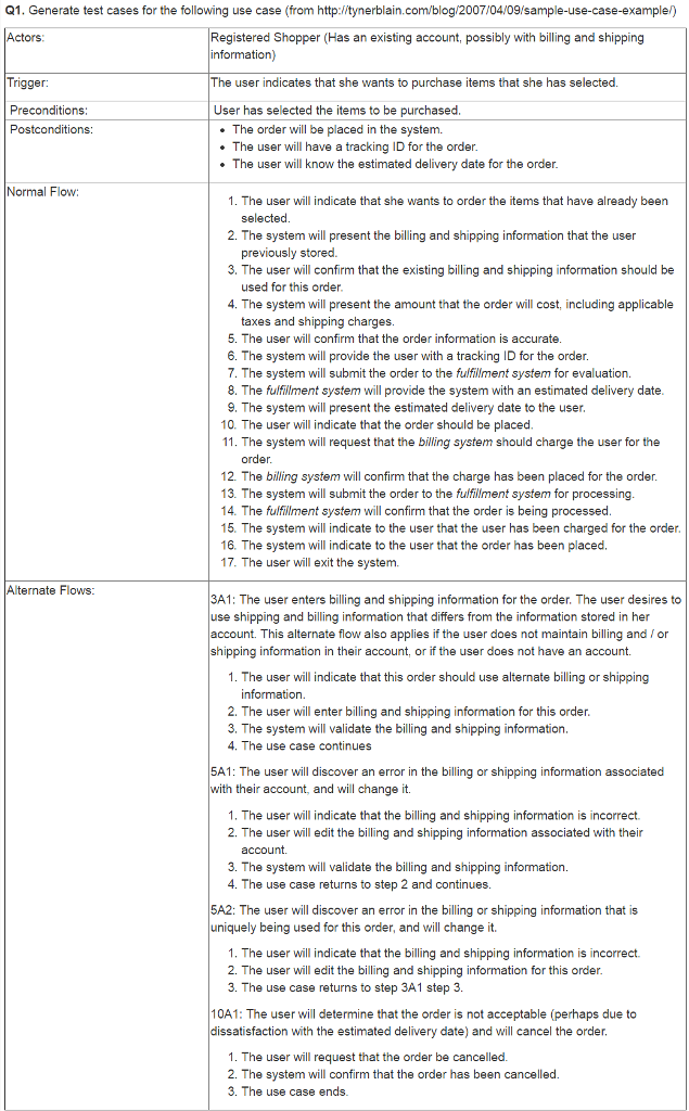 Generate test cases for the following use case (from | Chegg.com