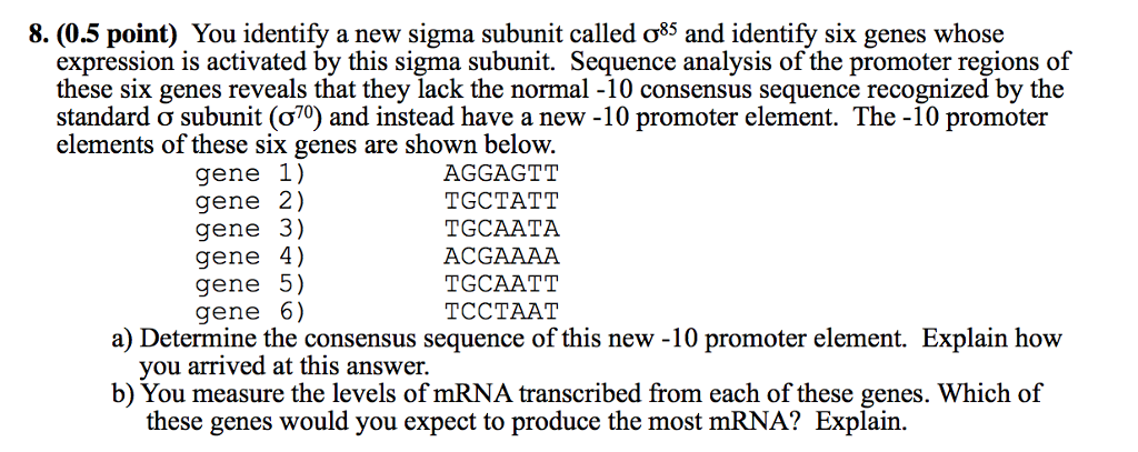 Solved 8. (0.5 point) You identify a new sigma subunit | Chegg.com