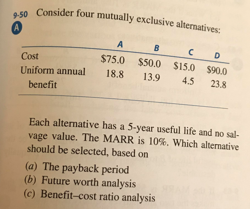 Solved Consider four mutually exclusive alternatives Cost | Chegg.com