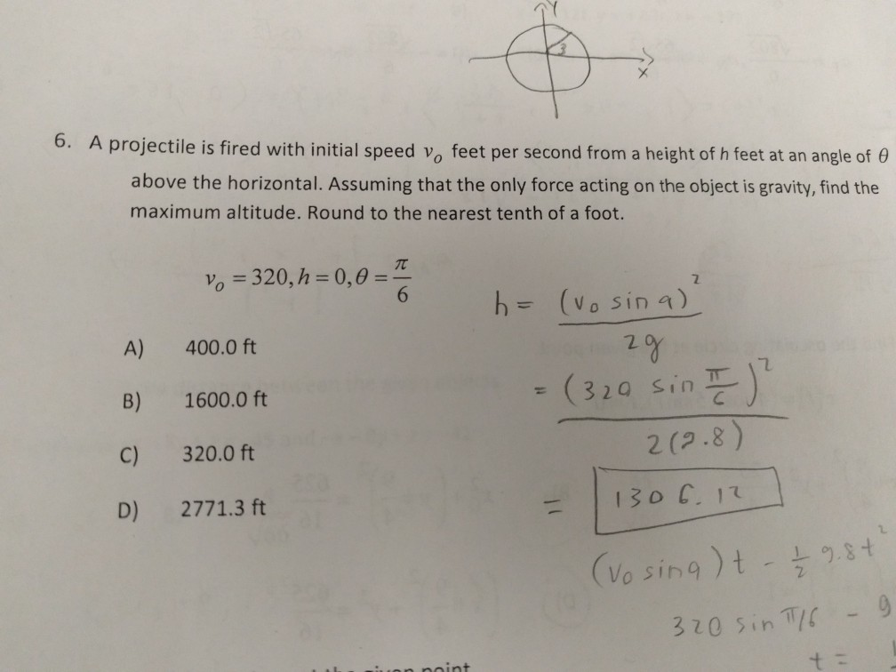 Solved 6. A projectile is fired with initial speed vo feet | Chegg.com