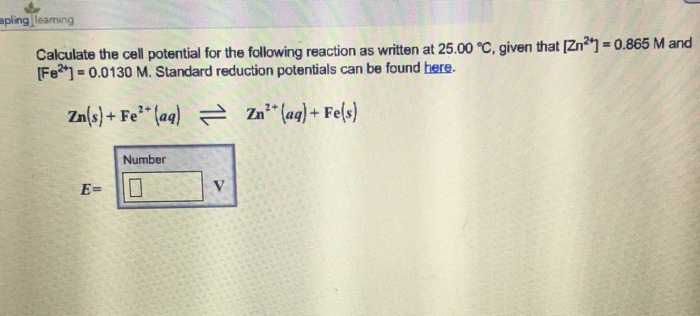 Solved Calculate the cell potential for the following | Chegg.com