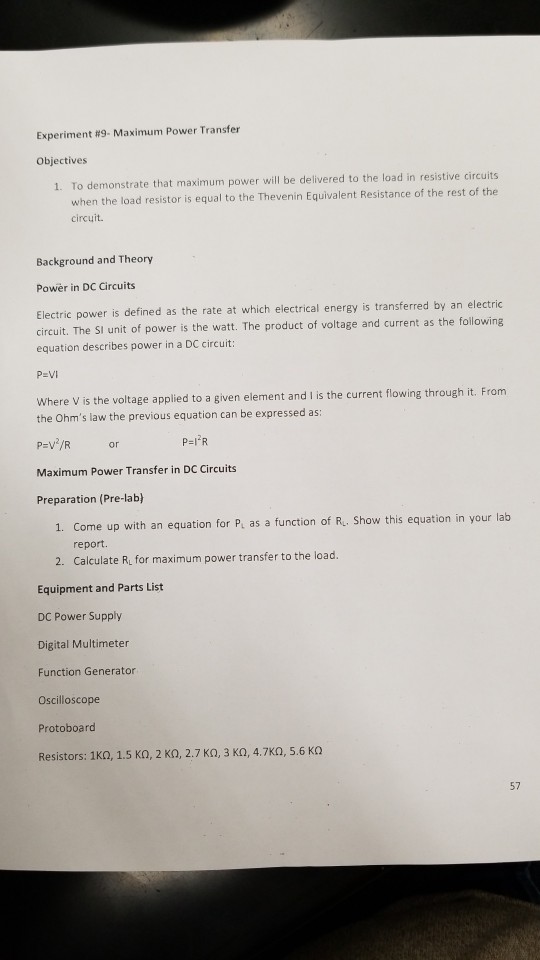 Solved Experiment #9-Maximum Power Transfer Objectives 1. To | Chegg.com