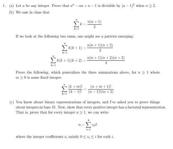 Solved 1. (a) Let a be any integer. Prove that a ann 1 s | Chegg.com