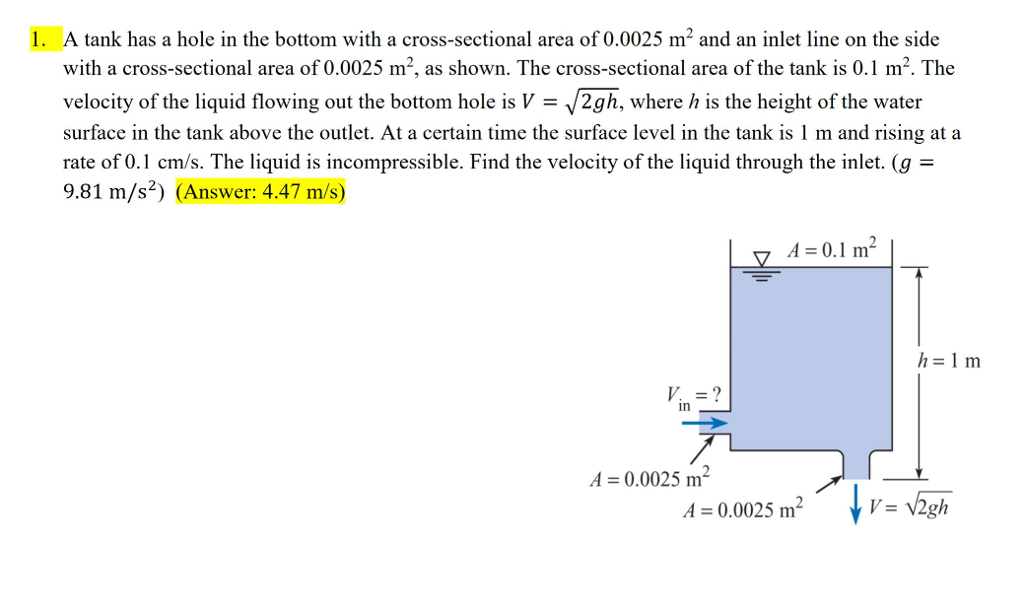 Solved A tank has a hole in the bottom with a | Chegg.com