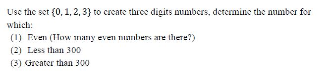 Solved Use the set {0, 1, 2, 3} to create three digits | Chegg.com
