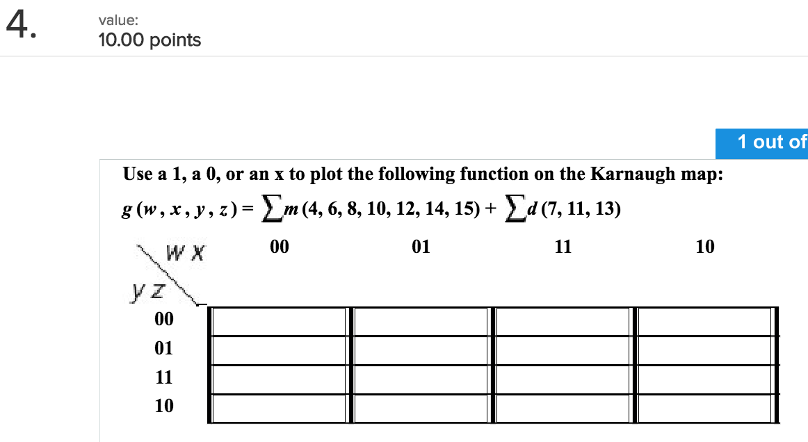 Solved Use a 1, a 0, or an x to plot the following function | Chegg.com