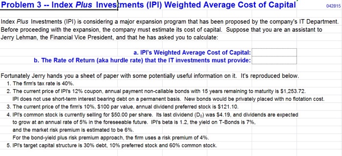 Problem 3 -- Index Plus investments (IPI) Weighted | Chegg.com