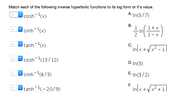 Solved Match each of the following inverse hyperbolic | Chegg.com