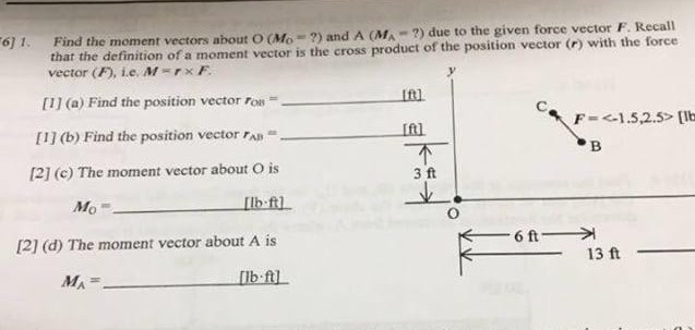 Solved 6) 1. Find the moment vectors about O (Mo ) and A (MA | Chegg.com