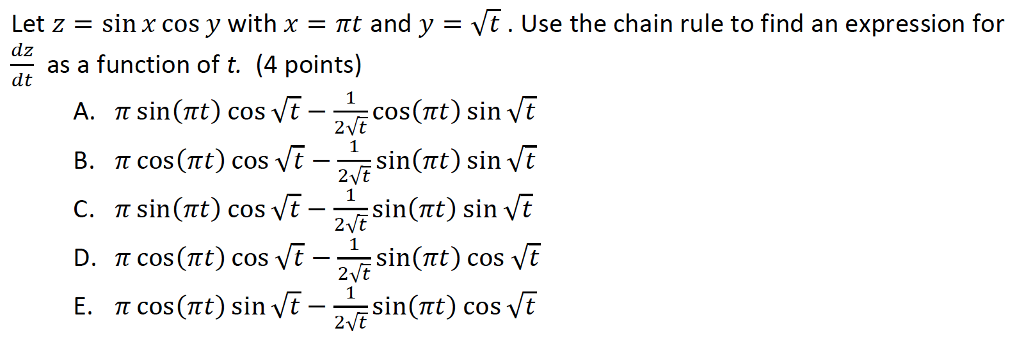 Solved Let z = sin x cos y with x = pi t and y = Squareroot | Chegg.com