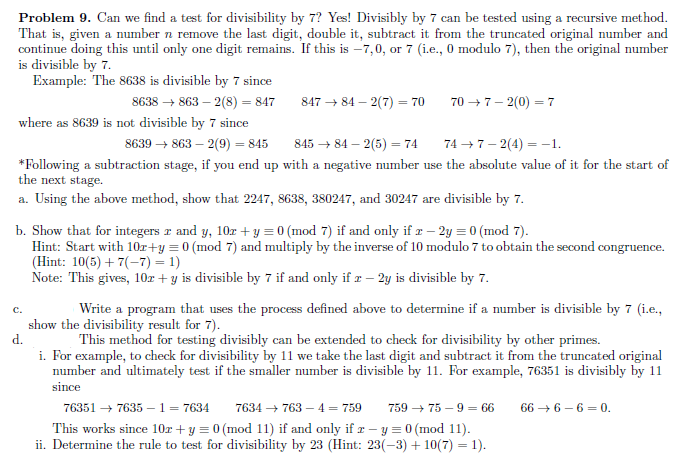 Solved Problem 9. Can we find a test for divisibility by 7? | Chegg.com