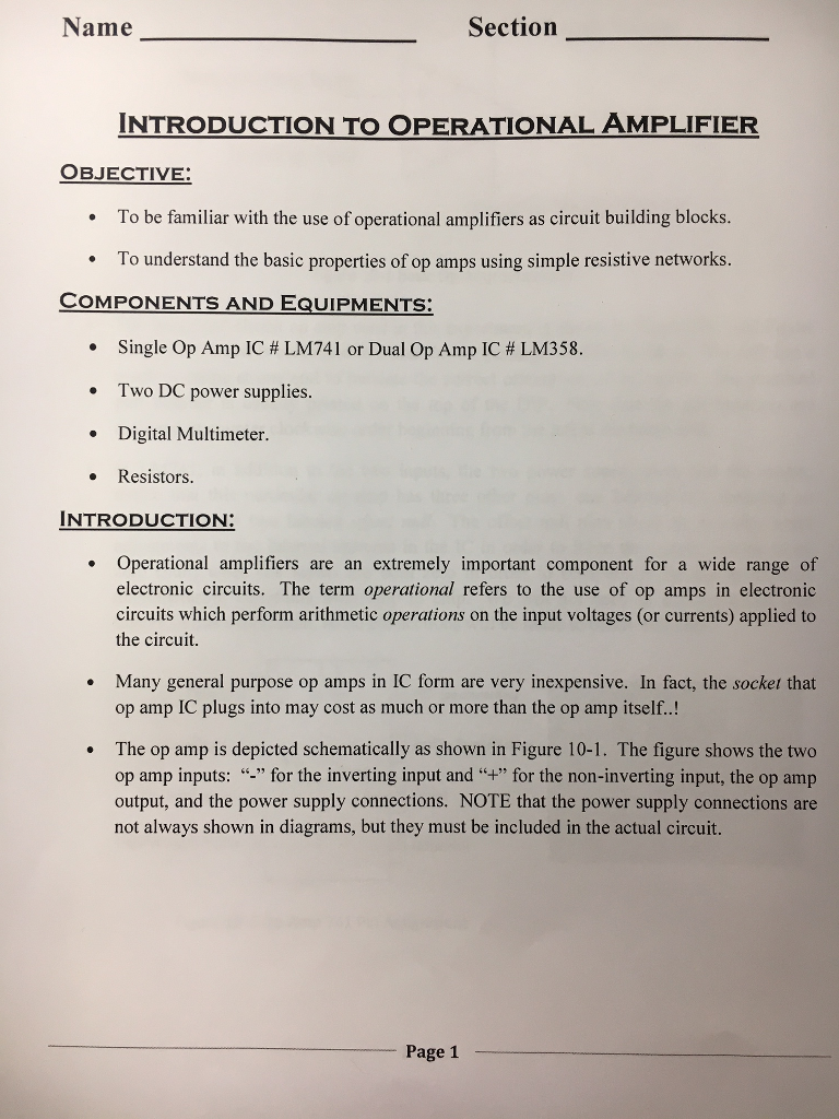 Solved Name Section INTRODUCTION TO OPERATIONAL AMPLIFIER | Chegg.com