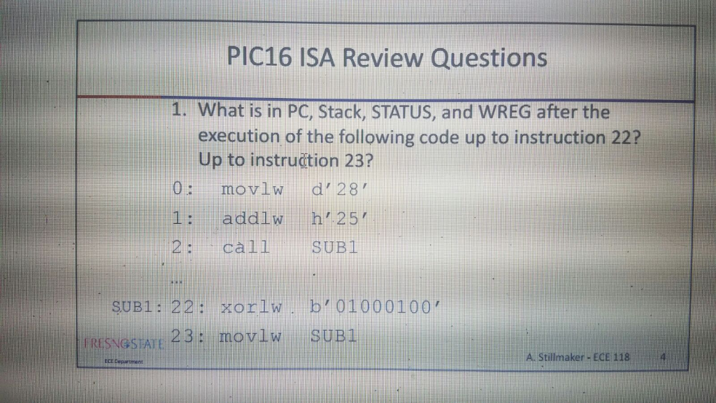 Solved What is in PC, Stack, STATUS, and WREG after the | Chegg.com