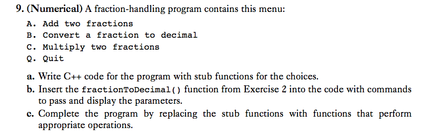 Solved A fraction-handling program contains this menu: Add | Chegg.com