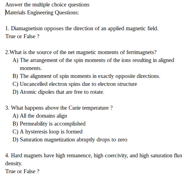 Solved Answer the multiple choice questions Materials | Chegg.com