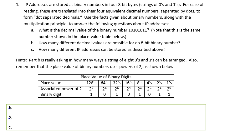 Solved IP Addresses are stored as binary numbers in four | Chegg.com