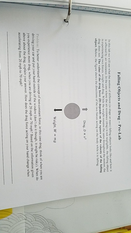 Solved Falling Objeets and Drag- Pre-Lab In this lab we will | Chegg.com