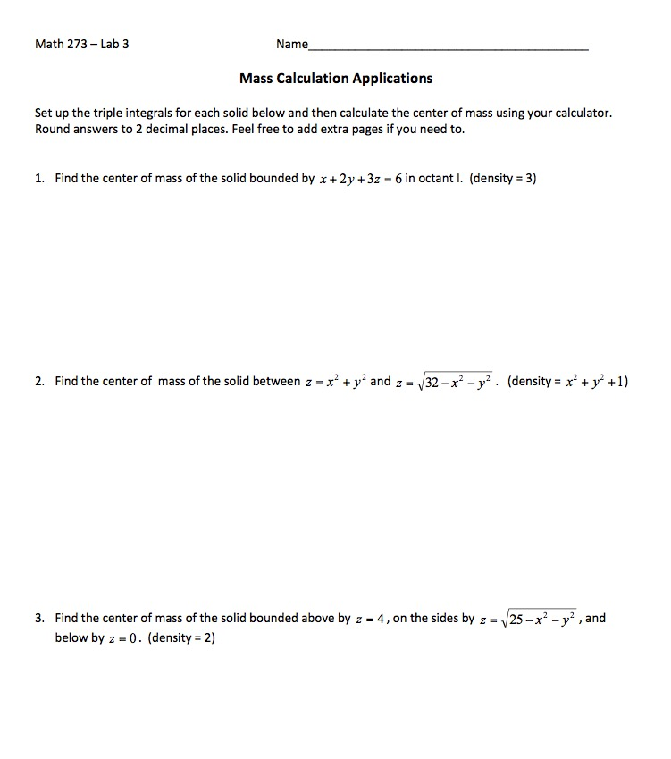 Solved Math 273 Lab 3 Name Mass Calculation Applications Set | Chegg.com