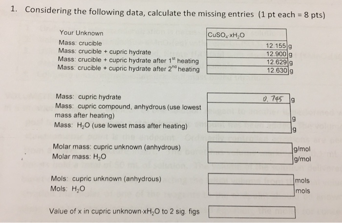 Solved Considering the following data, calculate the missing | Chegg.com