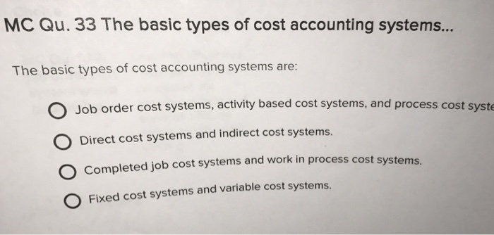 Solved The basic types of cost accounting systems are: Job | Chegg.com