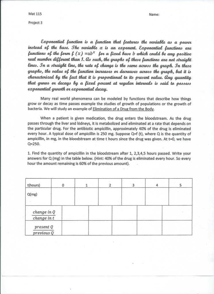 Solved Mat 115 Name: Project 3 Exponential function is a | Chegg.com